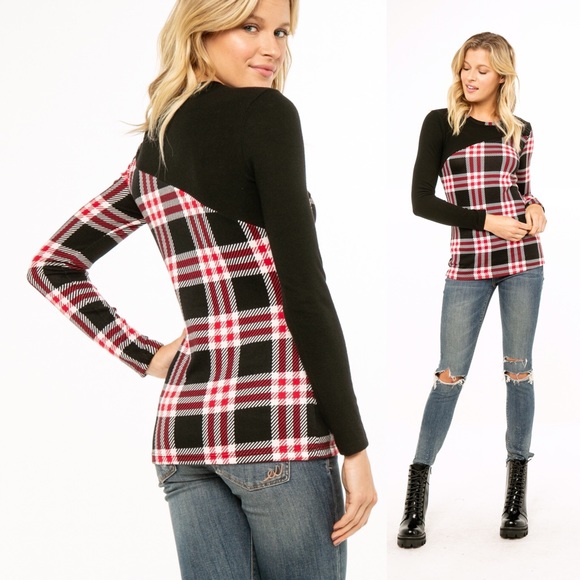 Tops | Nwt Contrast Plaid Sweater Top Made In Usa | Poshmark